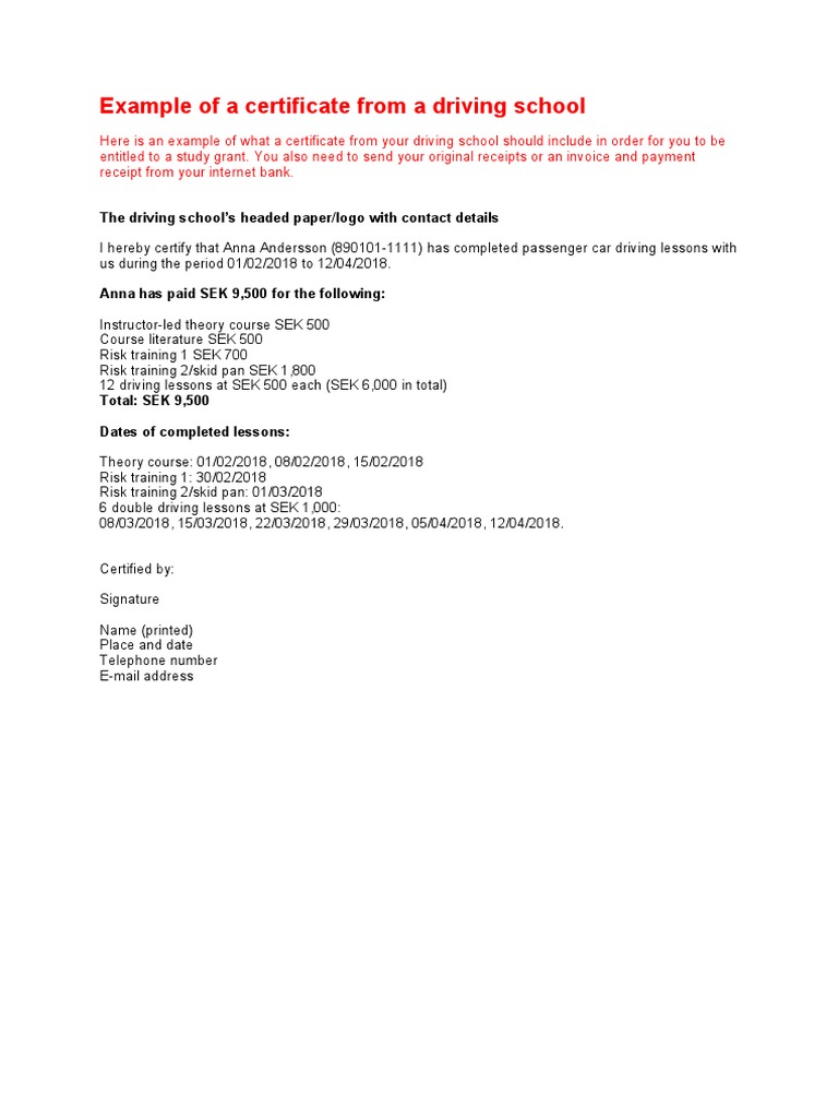 Example of A Certificate From A Driving School: The Driving School's ...