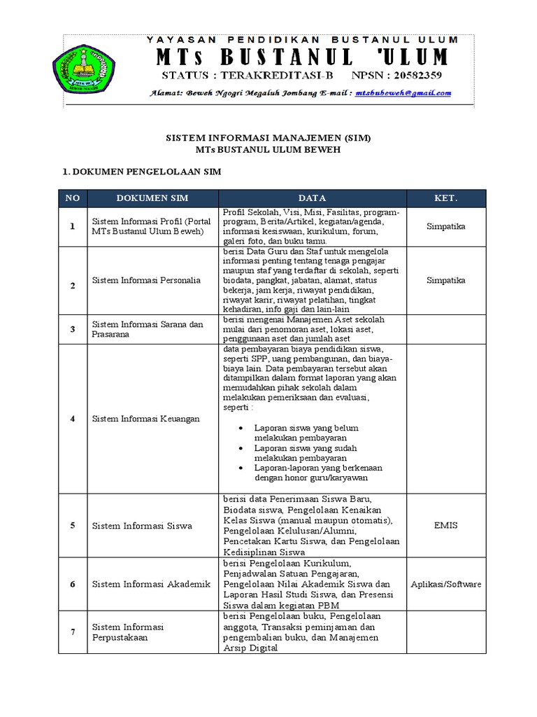 Contoh SISTEM INFORMASI MANAJEMEN MTs BU BEWEH | PDF