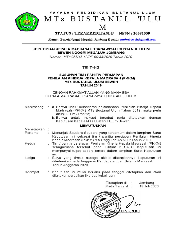 Contoh SK Tim PKKM 2020 | PDF