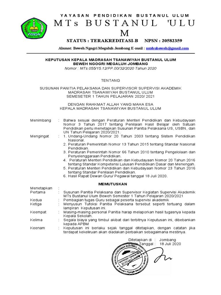 Contoh SK Tim Supervisi 2020 | PDF