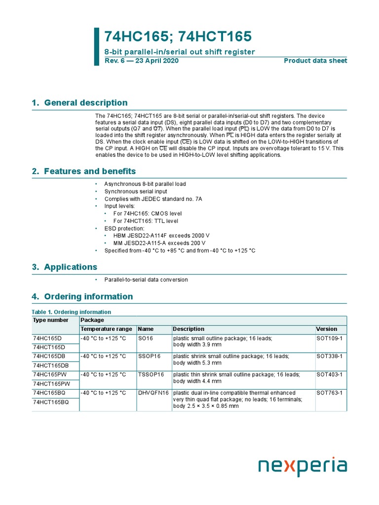 74HC165 74HCT165: 1. General Description | PDF | Electronic Circuits ...