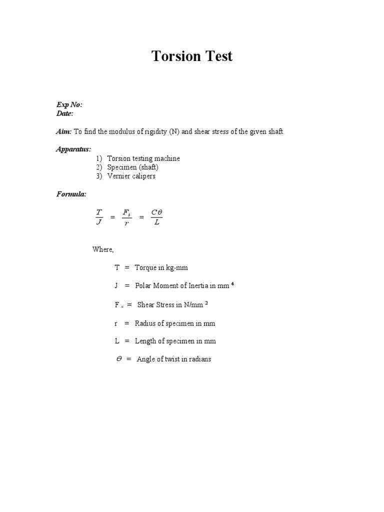 Torsion Test: Exp No: Date: Aim: To Find The Modulus of Rigidity (N ...