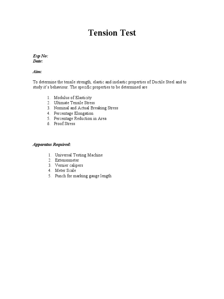 Tension Test: Exp No: Date: Aim | PDF | Ultimate Tensile Strength ...