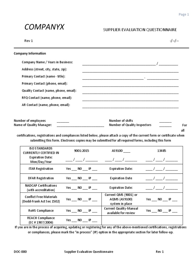 Supplier Evaluation Questionnaire Rev1 | PDF | Supply Chain | Quality ...