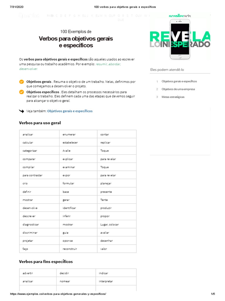100 Verbos para Objetivos Gerais e Específicos PDF | Download grátis ...