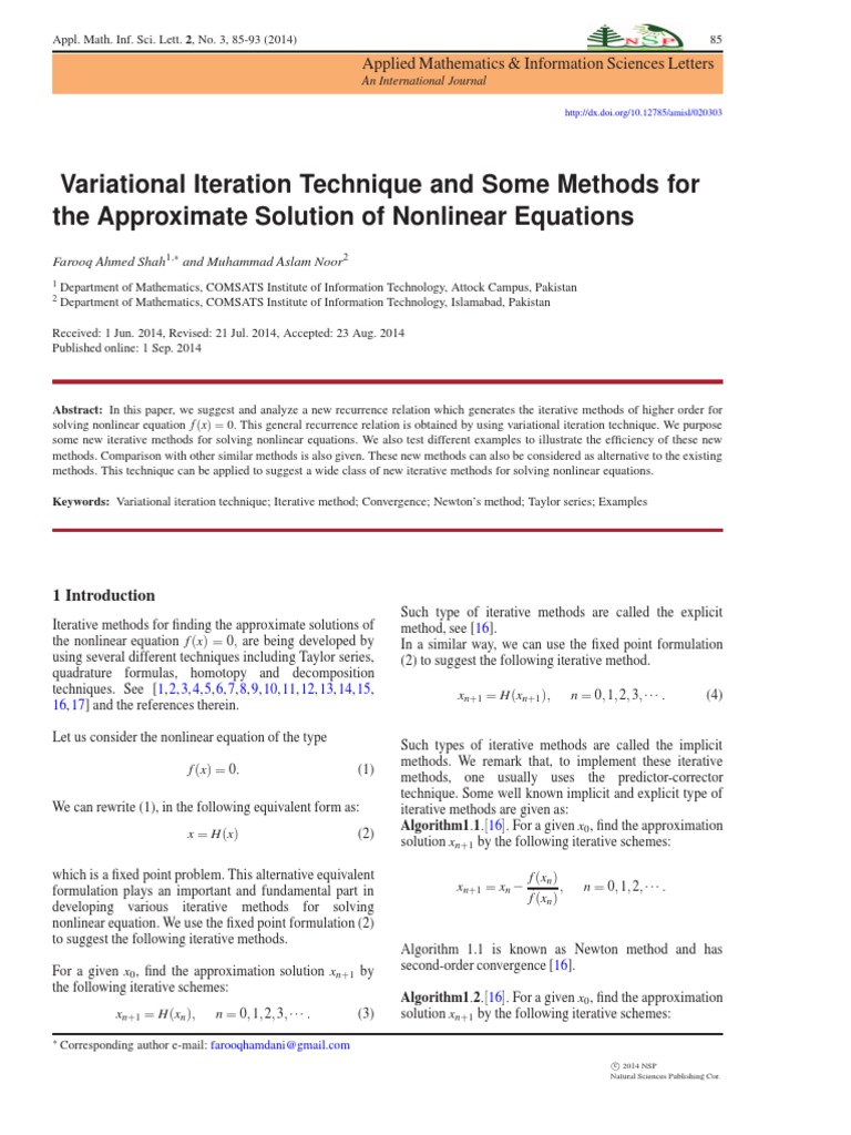Variational Iteration Technique and Some Methods For The Approximate Solution of Nonlinear ...