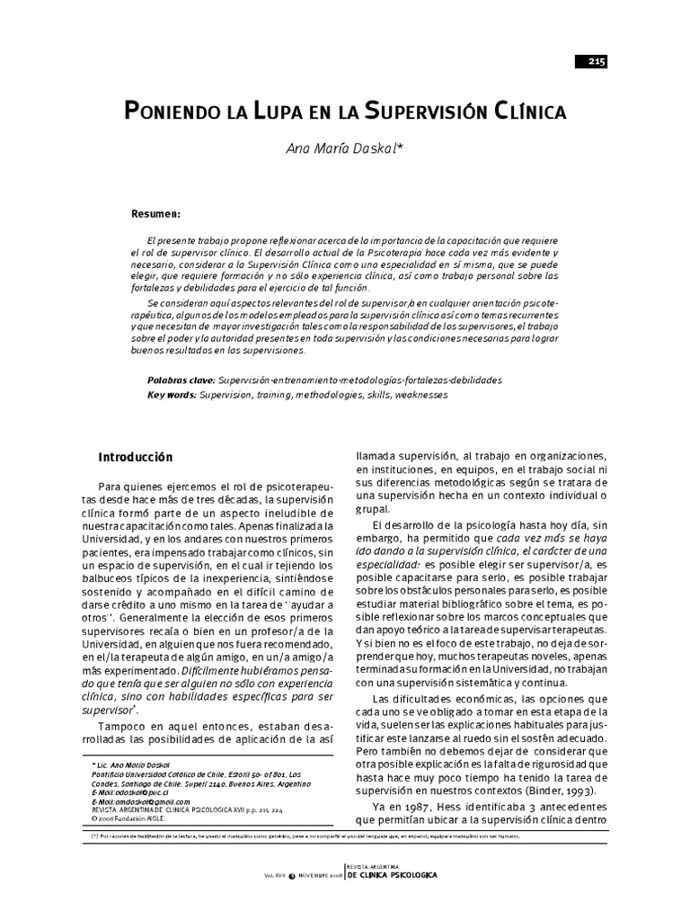 Daskal, Poniendo La Lupa en La Supervisión Clínica | PDF | Psicoterapia ...