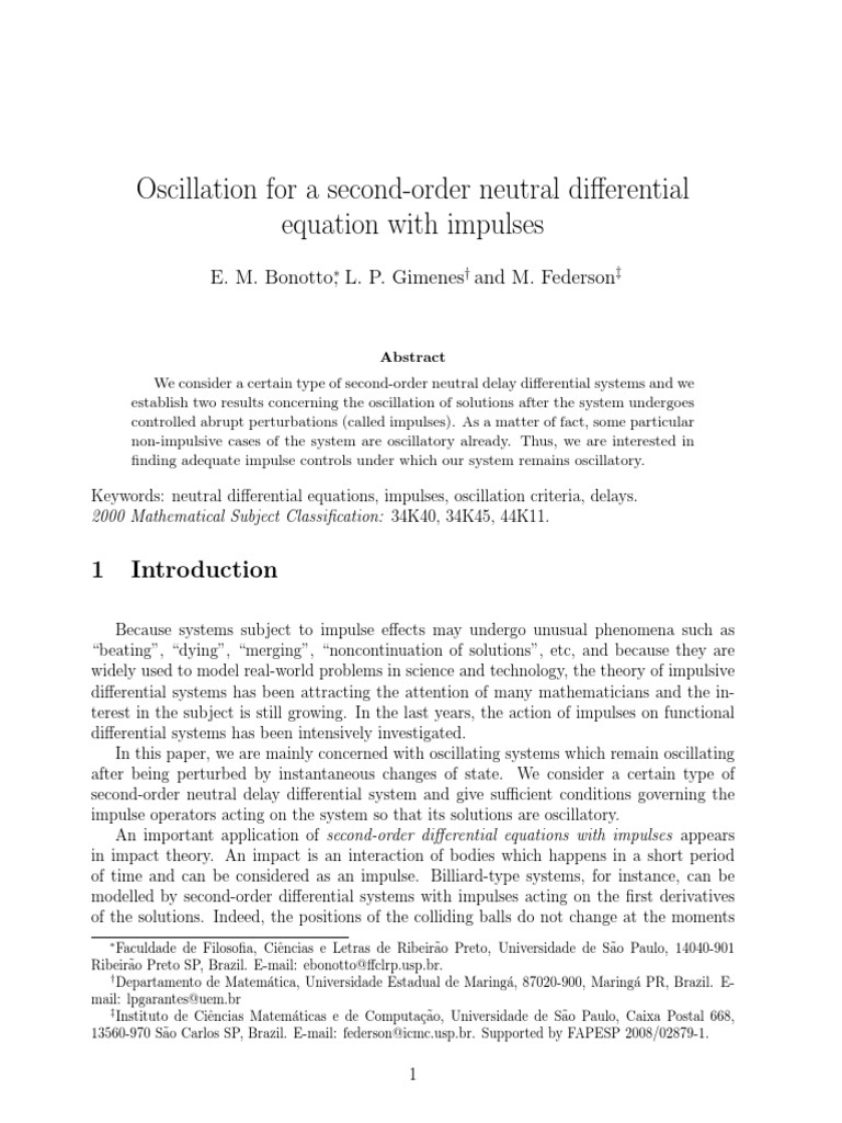 Oscillation For A Second Order Neutral Differential Equation With Impulses Pdf Differential
