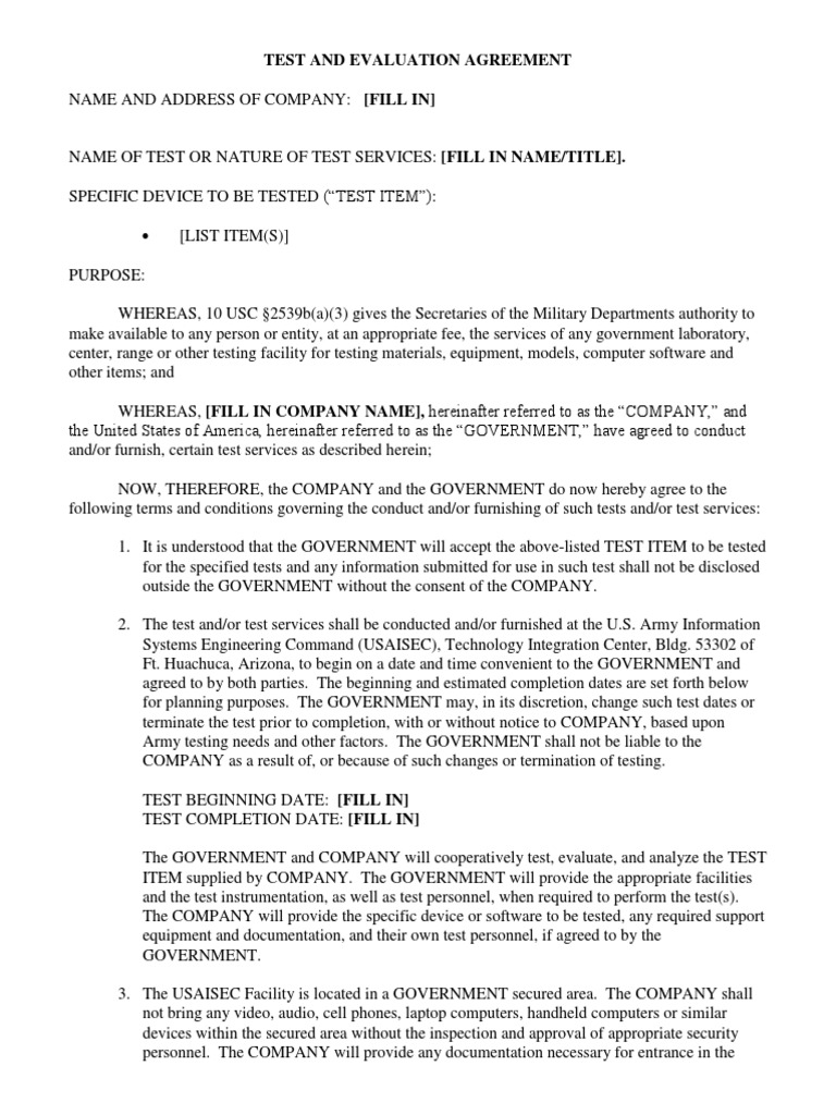 Test and Evaluation Agreement | Download Free PDF | Indemnity ...