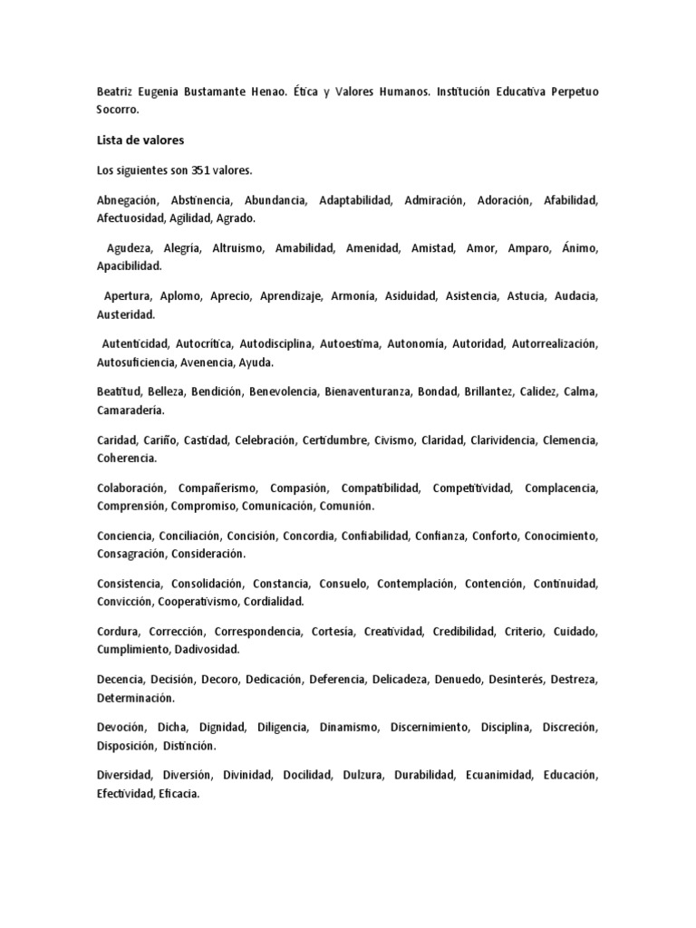 Lista de Valores | PDF | Valor (ética) | Rasgos de personalidad