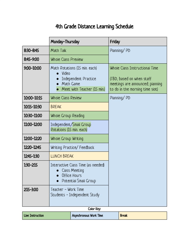 4th Grade Distance Learning Schedule: Color Key: Live Instruction ...