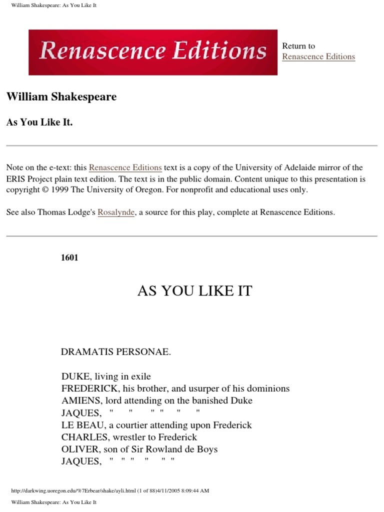 As You Like It: William Shakespeare | PDF