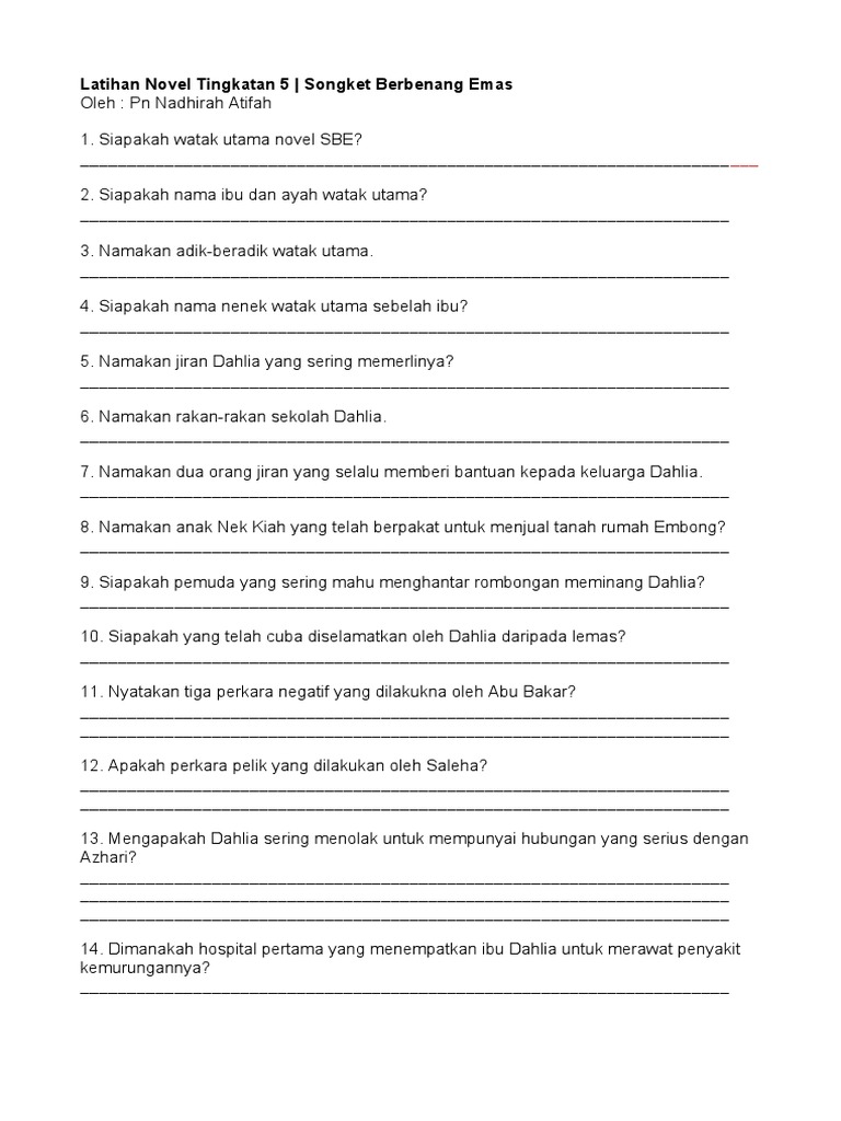 (Edisi Pelajar) Latihan Novel Sbe Sinopsis | PDF