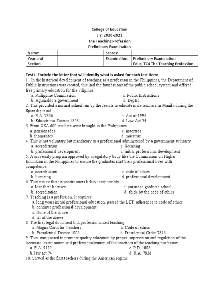 Test I. Encircle The Letter That Will Identify What Is Asked For Each ...