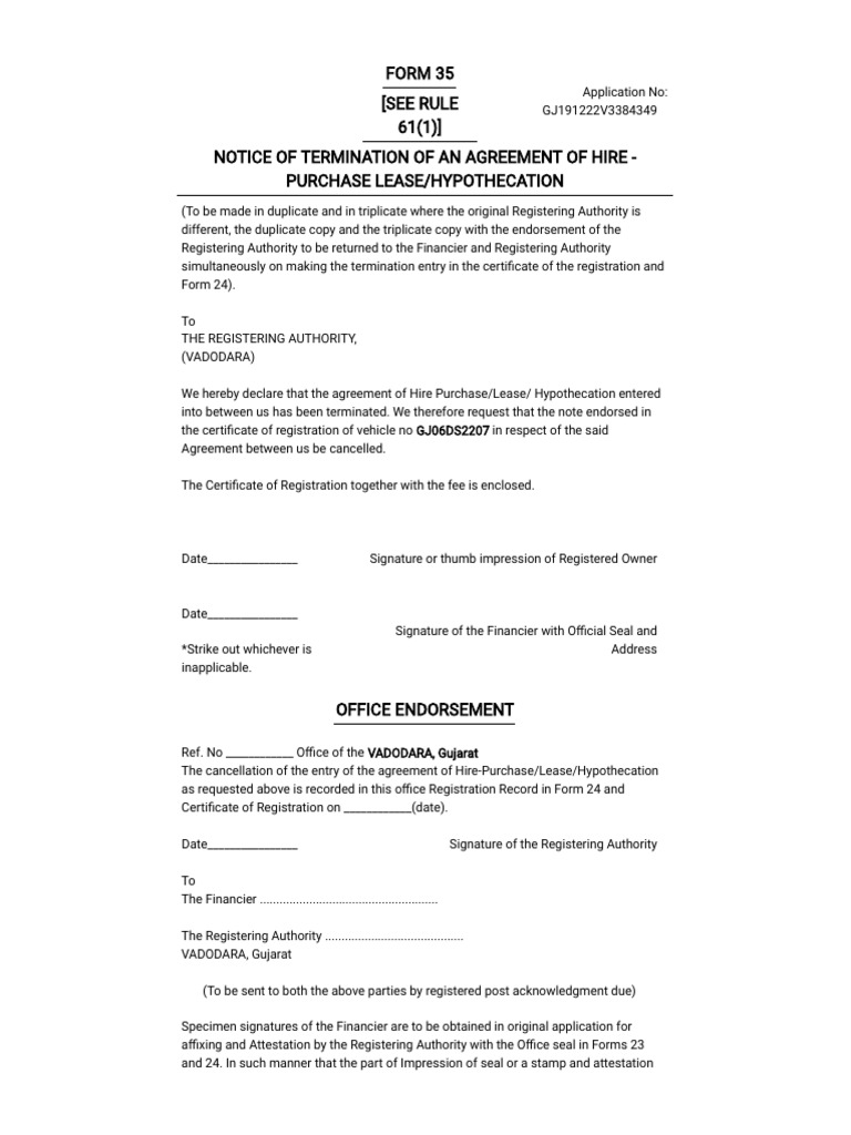 Form 35 (See Rule 61 (1) ) Notice of Termination of An Agreement of ...