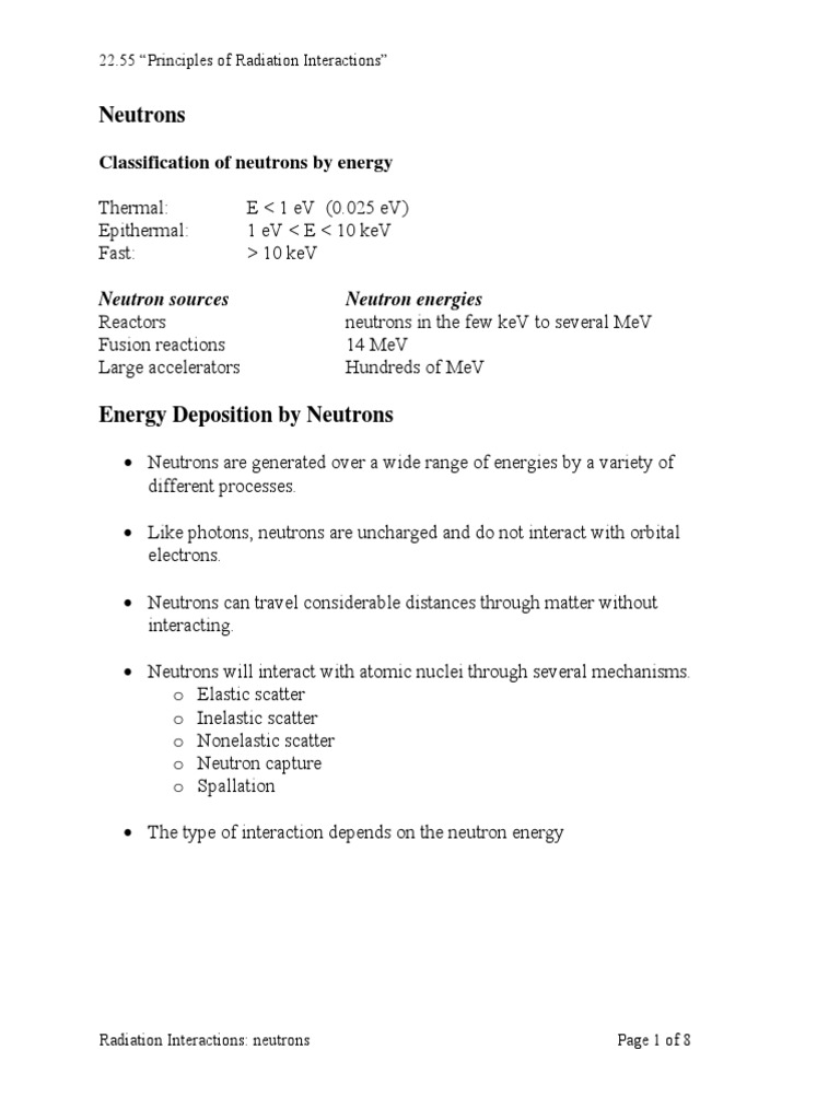 Neutrons: Classification of Neutrons by Energy | PDF | Neutron | Cross ...
