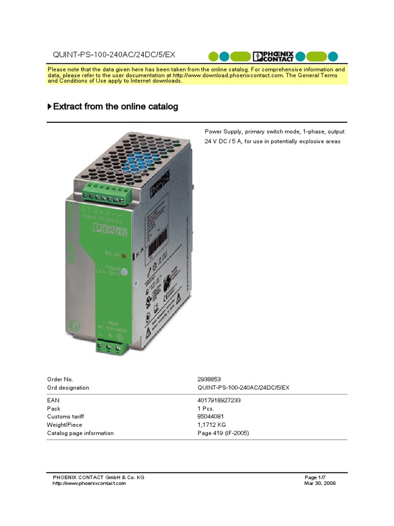 Extract From The Online Catalog: QUINT-PS-100-240AC/24DC/5/EX | PDF ...