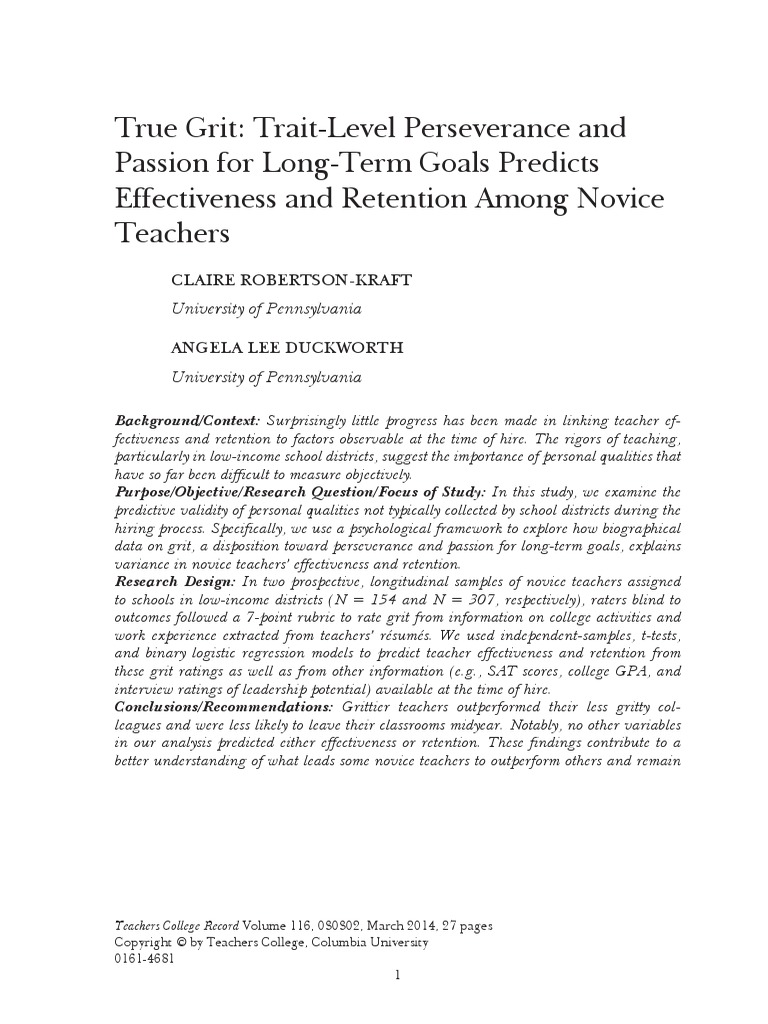 True Grit Trait Level Perseverance and Passion For Long Term Goals ...