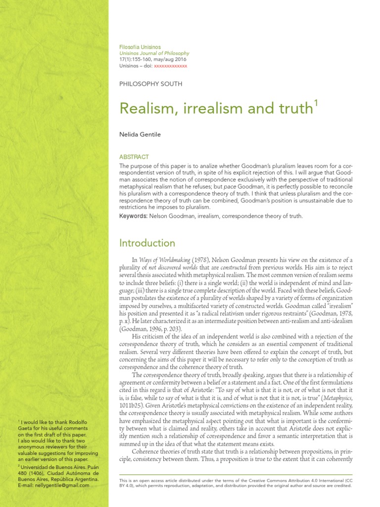 Gentile 2016. Realism, Irrealism and Truth | PDF | Correspondence ...