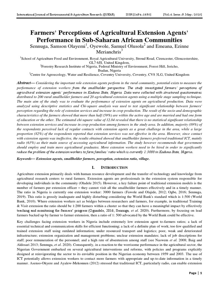Farmers' Perceptions of Agricultural Extension Agents' Performance in Sub-Saharan African ...