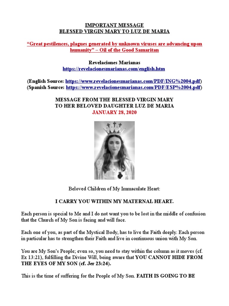 Important Message Blessed Virgin Mary To Luz de Maria Oil of The Good ...