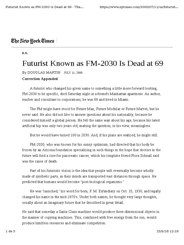 Futurist Known As FM-2030 Is Dead at 69: Correction Appended | PDF