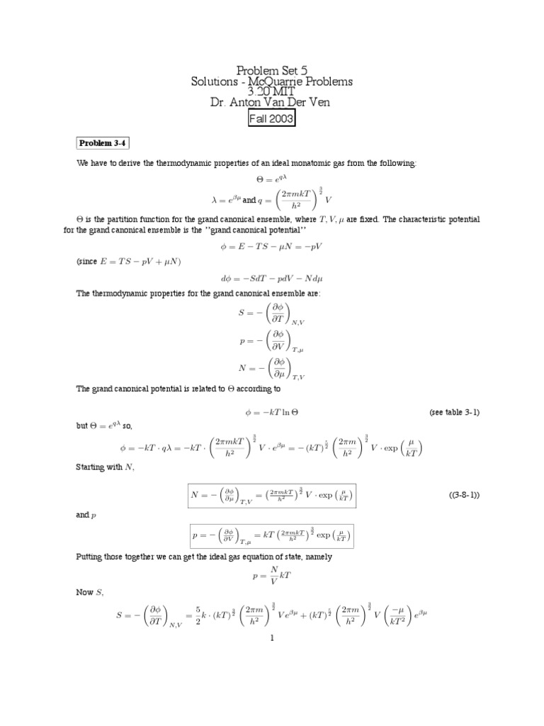 Stat Mech Mcquarrie ch3-5 Solns | PDF | Statistical Mechanics ...