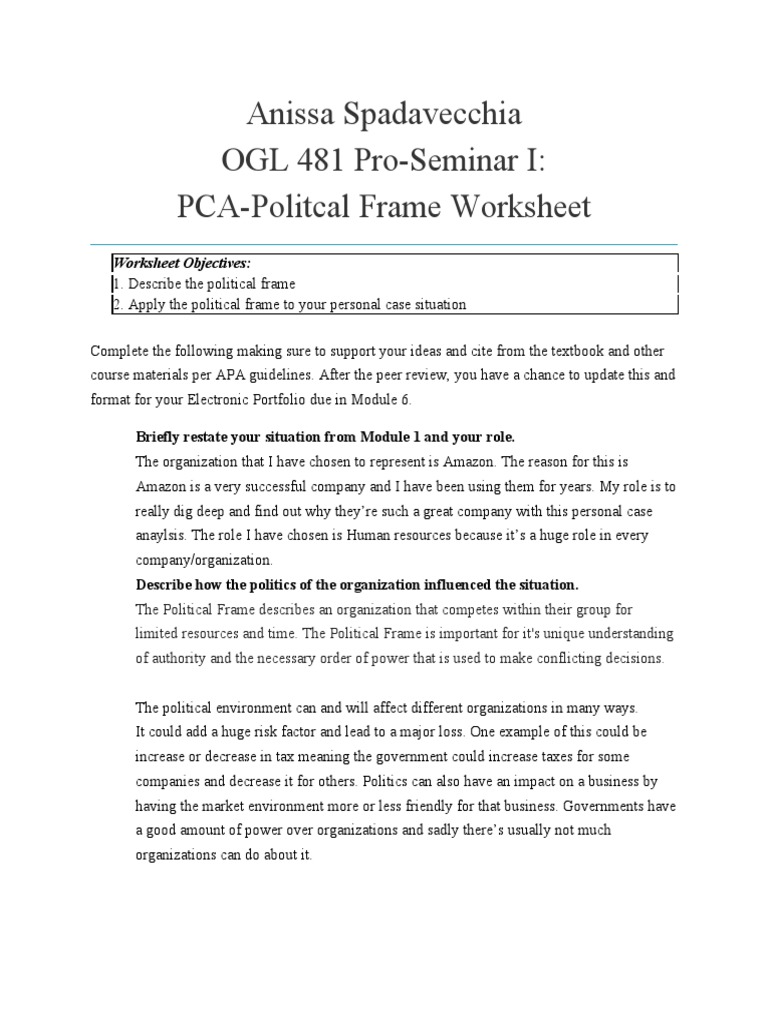Anissa Spadavecchia OGL 481 Pro-Seminar I: PCA-Politcal Frame Worksheet ...