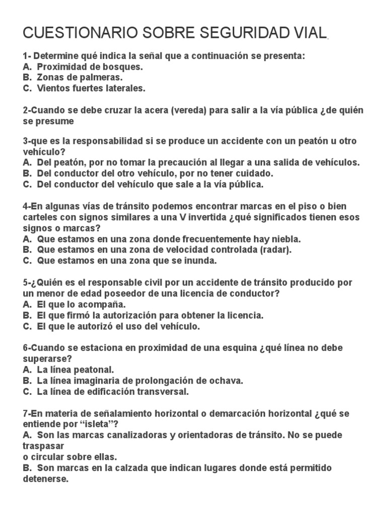 Cuestionario Sobre Seguridad Vial | PDF | Peatonal | Semáforo