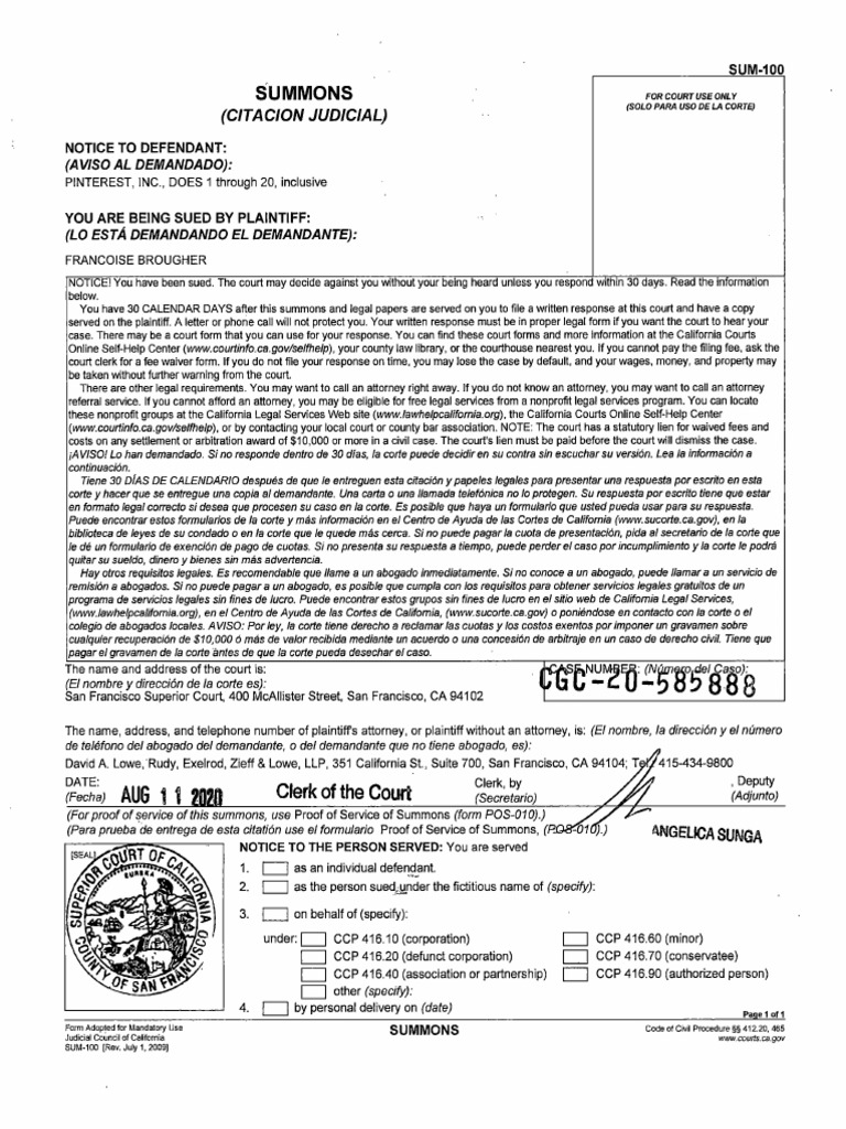 Françoise Brougher's Lawsuit Against Pinterest | PDF