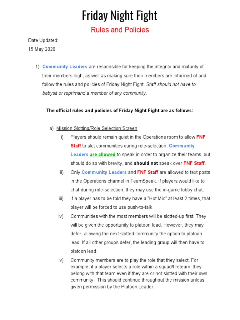 Friday Night Fight Rules and Policies | PDF | Leisure