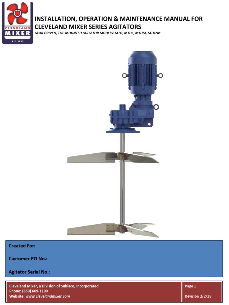 Installation, Operation & Maintenance Manual For Cleveland Mixer Series ...