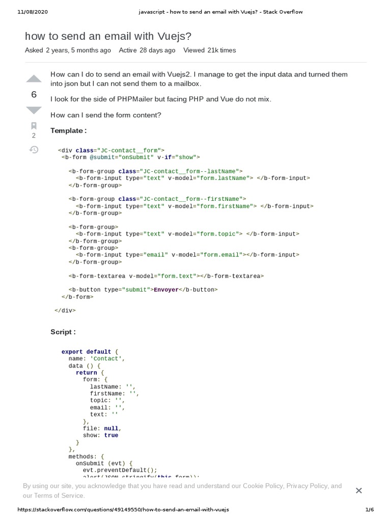 Javascript How To Send An Email With Vuejs Stack Overflow Pdf Pdf Cookie Java Script