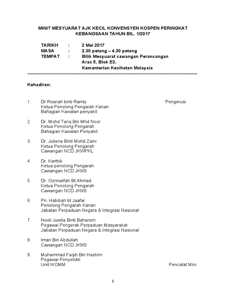 Minit Mesyuarat Ajk Kecil Konvensyen KOSPEN Bil.1 | PDF