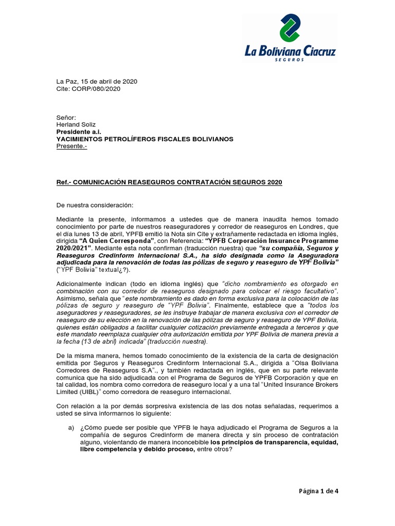 Carta Ypfb 1 PDF | PDF | Reaseguro | Bolivia