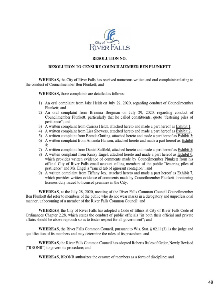 Resolution To Censure Councilmember Ben Plunkett | PDF | Common Law ...