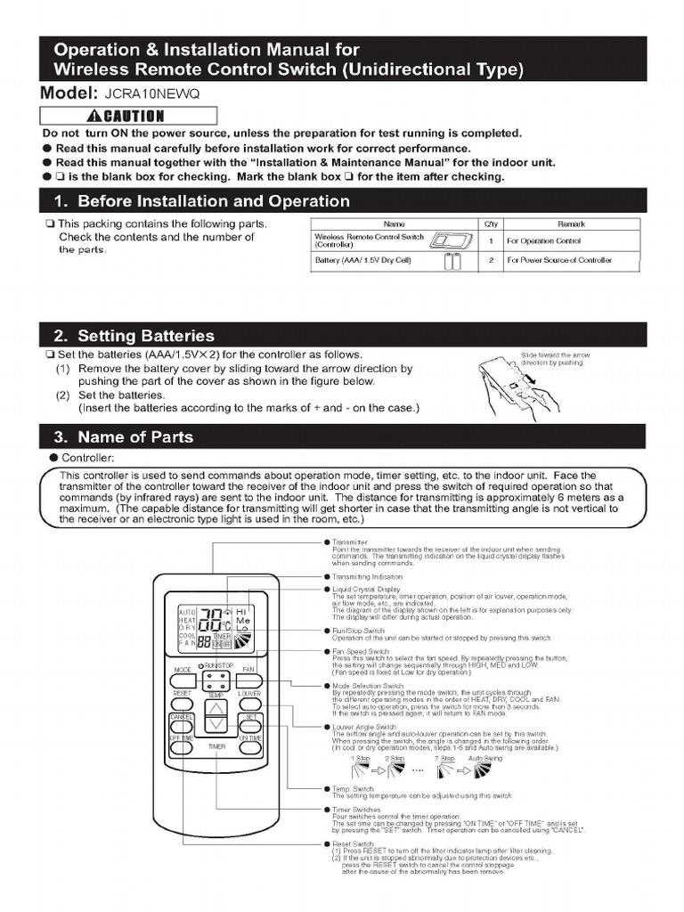 YORK VRF Wireless Remote Control JCRA10NEWQ - Installation & Operation ...