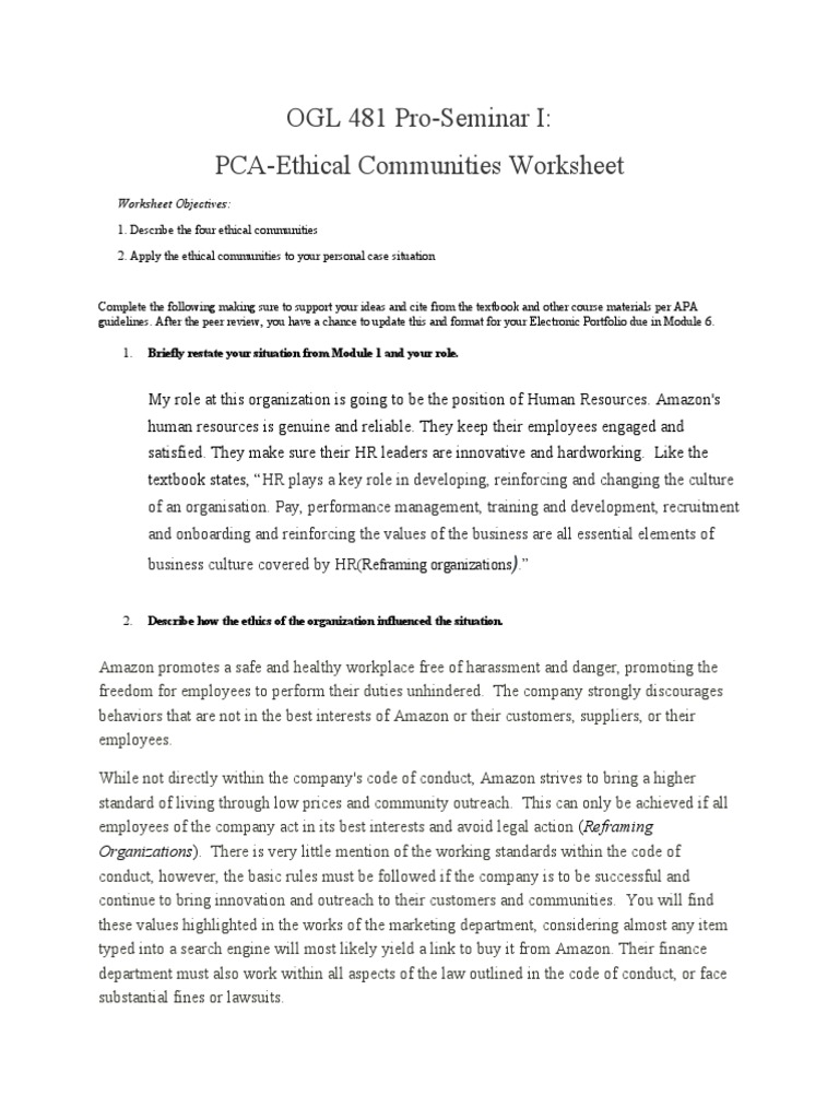 OGL 481 Pro-Seminar I: PCA-Ethical Communities Worksheet | PDF ...
