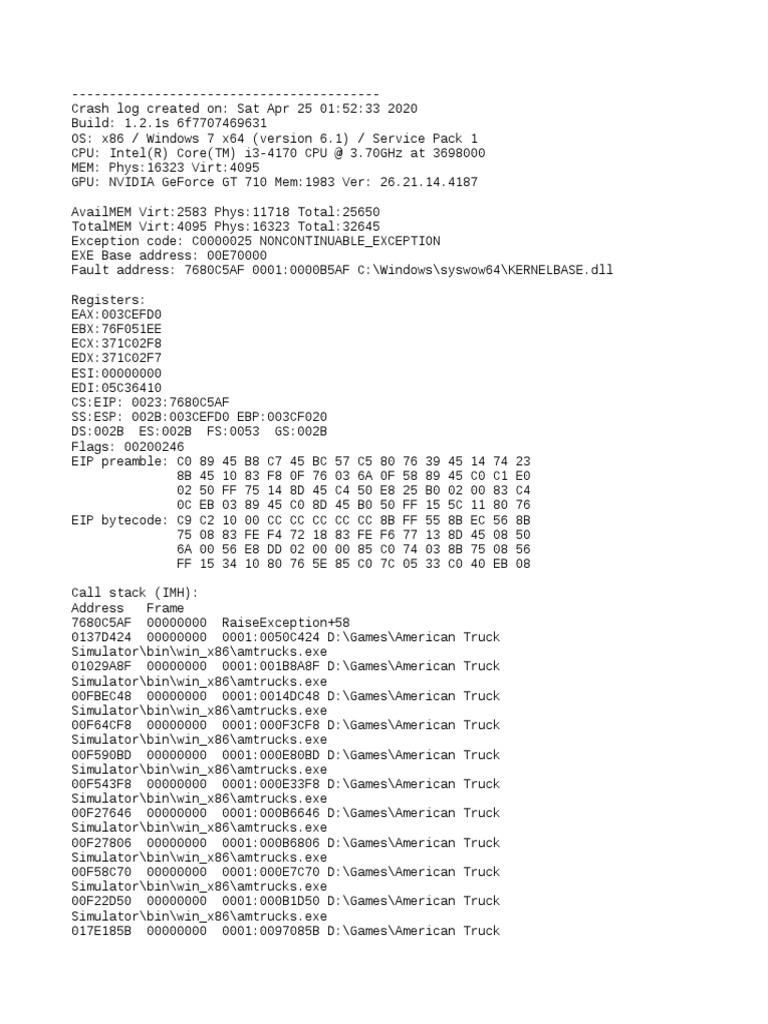 Crash Log Analysis: American Truck Simulator Crash on Windows 7 | PDF | Microsoft Windows ...