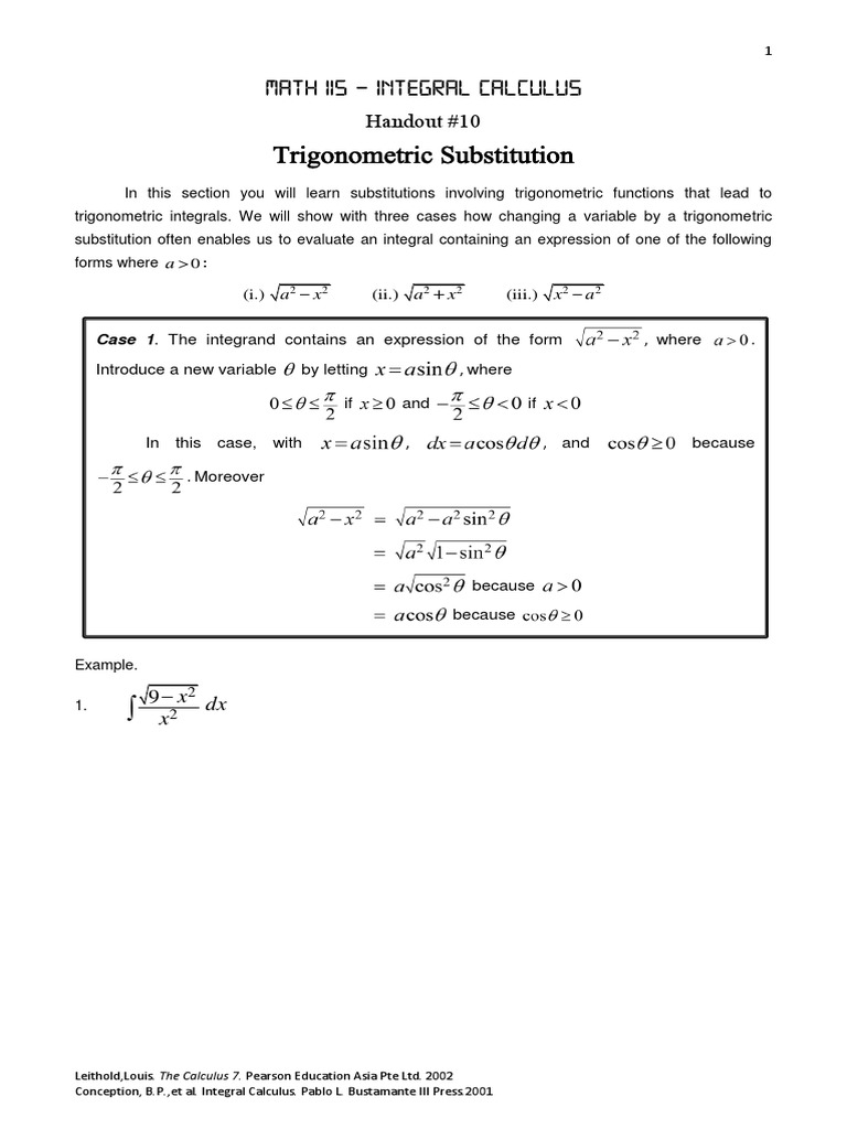 Trigonometric Substitution Pdf Download Free Pdf Integral
