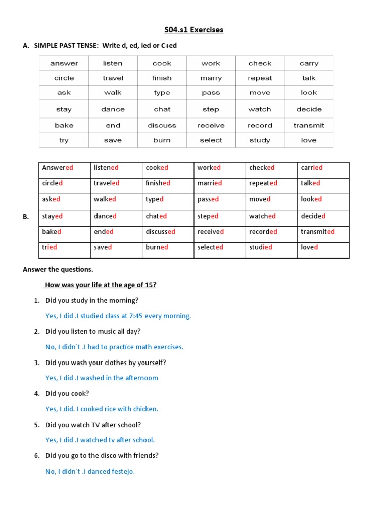 S04.s1 Exercises: A. SIMPLE PAST TENSE: Write D, Ed, Ied or C+ed | PDF