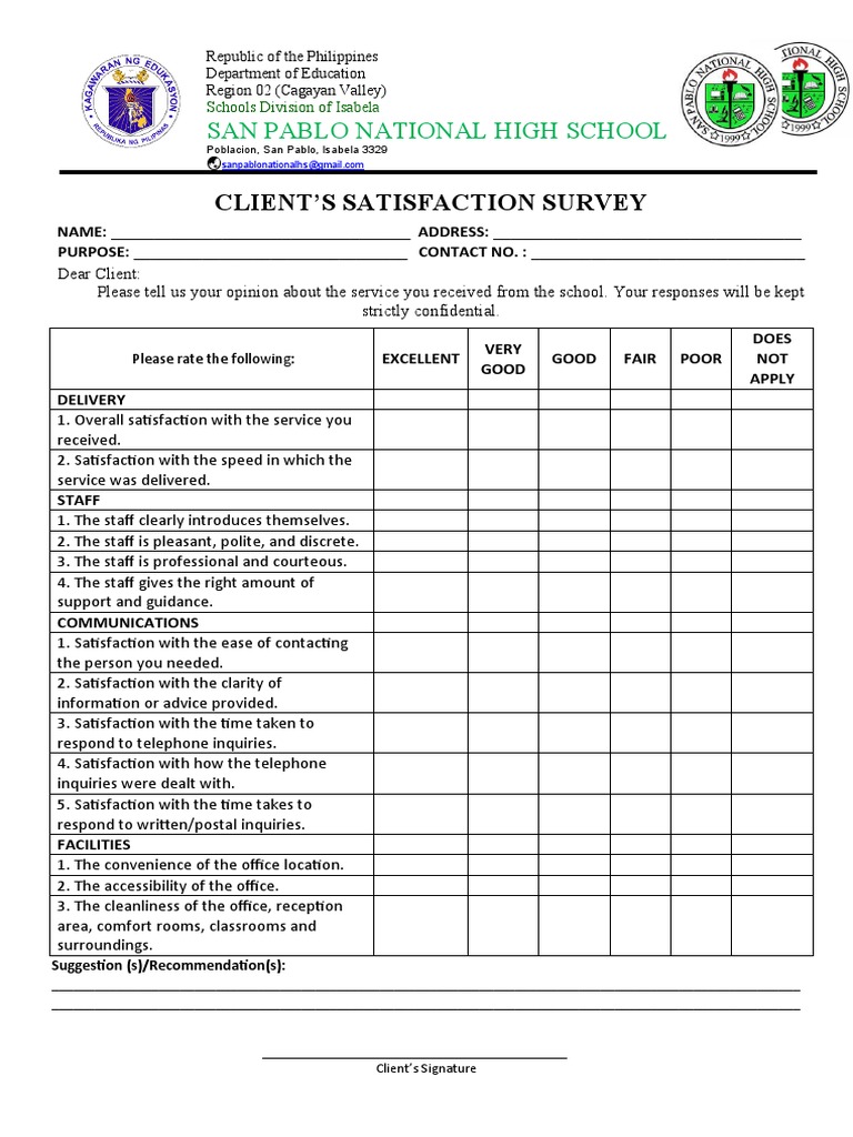 San Pablo National High School: Client'S Satisfaction Survey | Download ...
