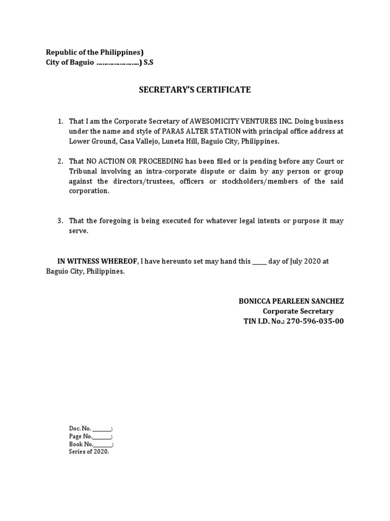 Secretary's Certificate for AWESOMICITY VENTURES | PDF