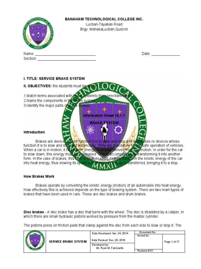 10 Info and Work Sheet Service Brake System | PDF | Brake | Tools