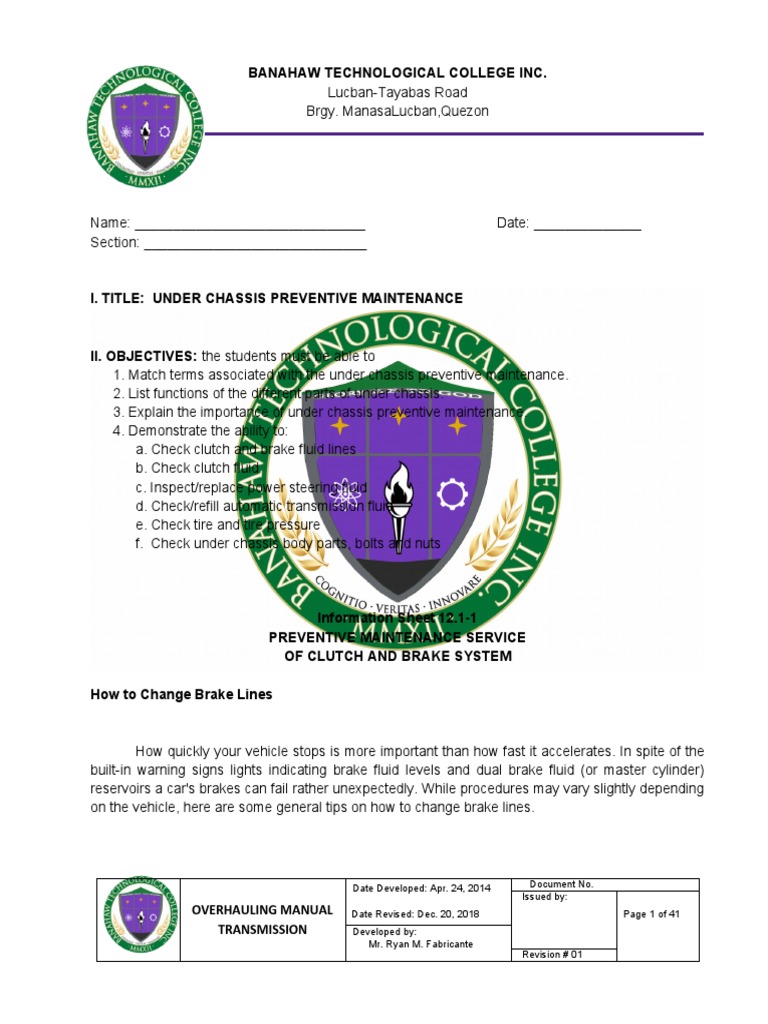 12 Info and Work Sheet Perform Under Chassis Preventive Maintenance ...