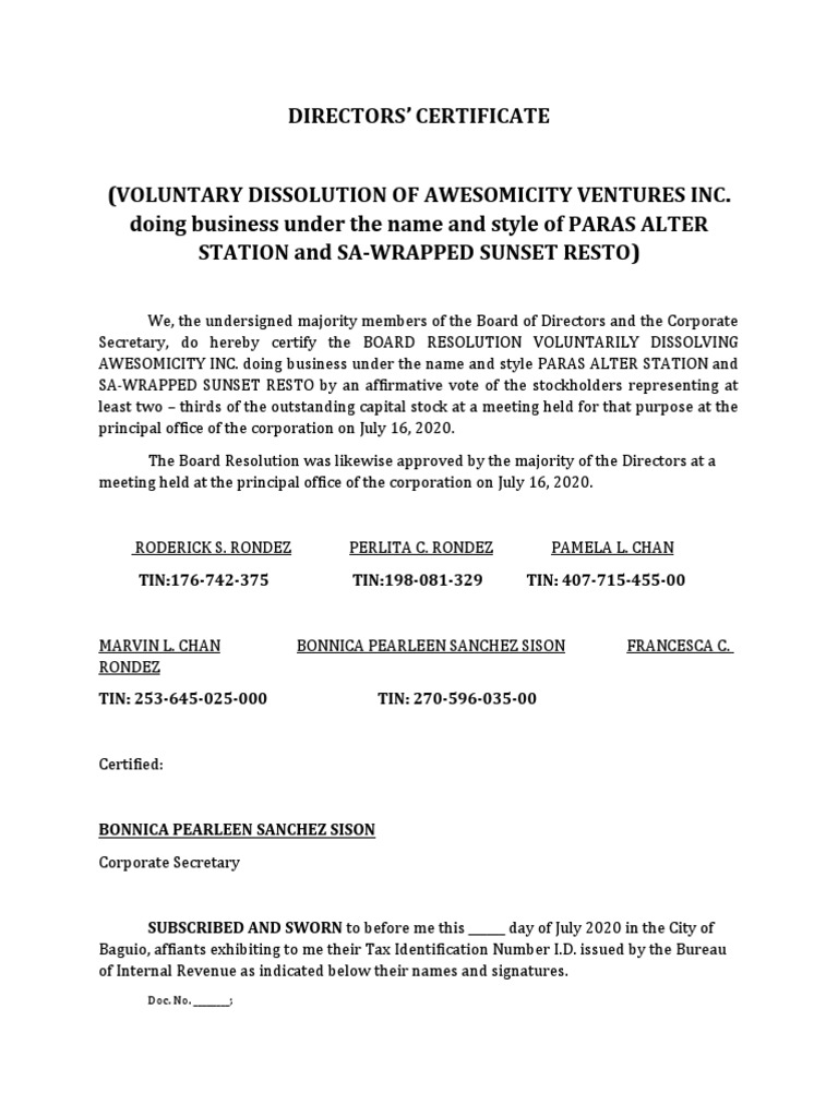 Directors' Certificate: TIN: 253-645-025-000 TIN: 270-596-035-00 | PDF