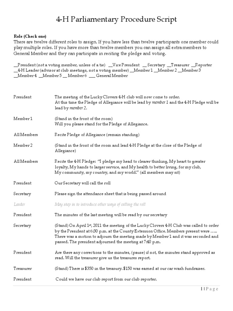 4-H Parliamentary Procedure Script: Role (Check One) | PDF | Government