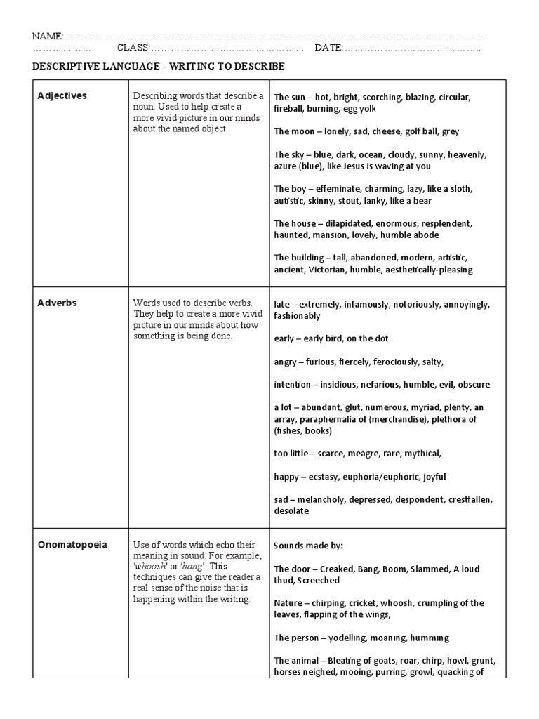 Adjectives: Descriptive Language - Writing To Describe | PDF