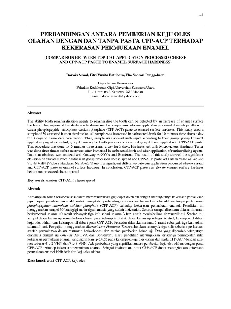 Perbandingan Antara Pemberian Keju Oles Olahan Dengan Dan Tanpa Pasta Cpp-Acp Terhadap Kekerasan ...