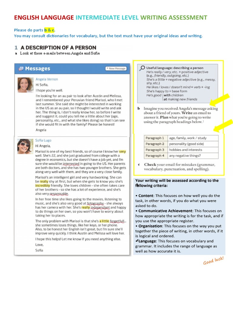 Intermediate WRITING Assessment Describing A Person | PDF